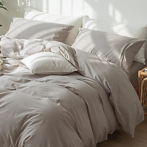 MooMee Bedding Duvet Cover Set 100% Washed Cotton Linen Like Textured Breathable Durable Soft Comfy (Brownish Grey, Queen)