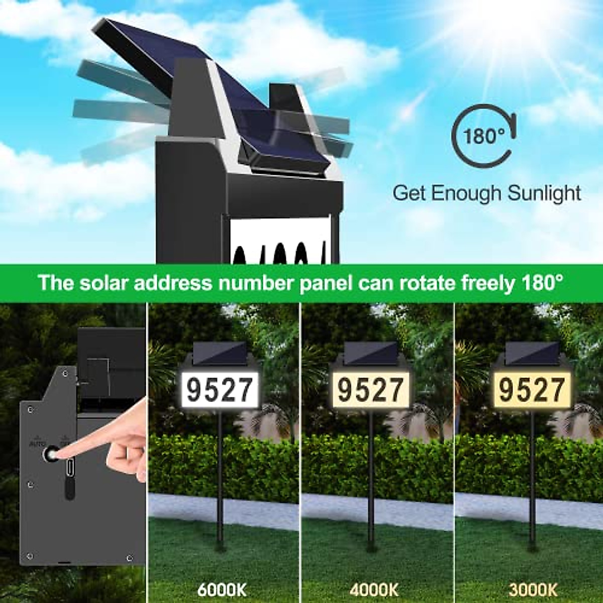 Modern Solar Address Sign, House Numbers for Outside Rechargeable LED Illuminated Lighted Address Signs with Waterproof Cover Mailbox Numbers Plaque 3 color temperature for Street Yard Garden Driveway