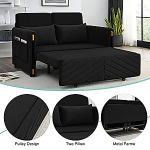 CALABASH Sofa Bed,Pull Out Couch Bed Sleeper Sofa,54" Modern Convertible Velvet Loveseat with 2 Pillows and Side Pockets, Small Love seat Sofa Bed w/Headboard for Living Room, Apartment (Black)