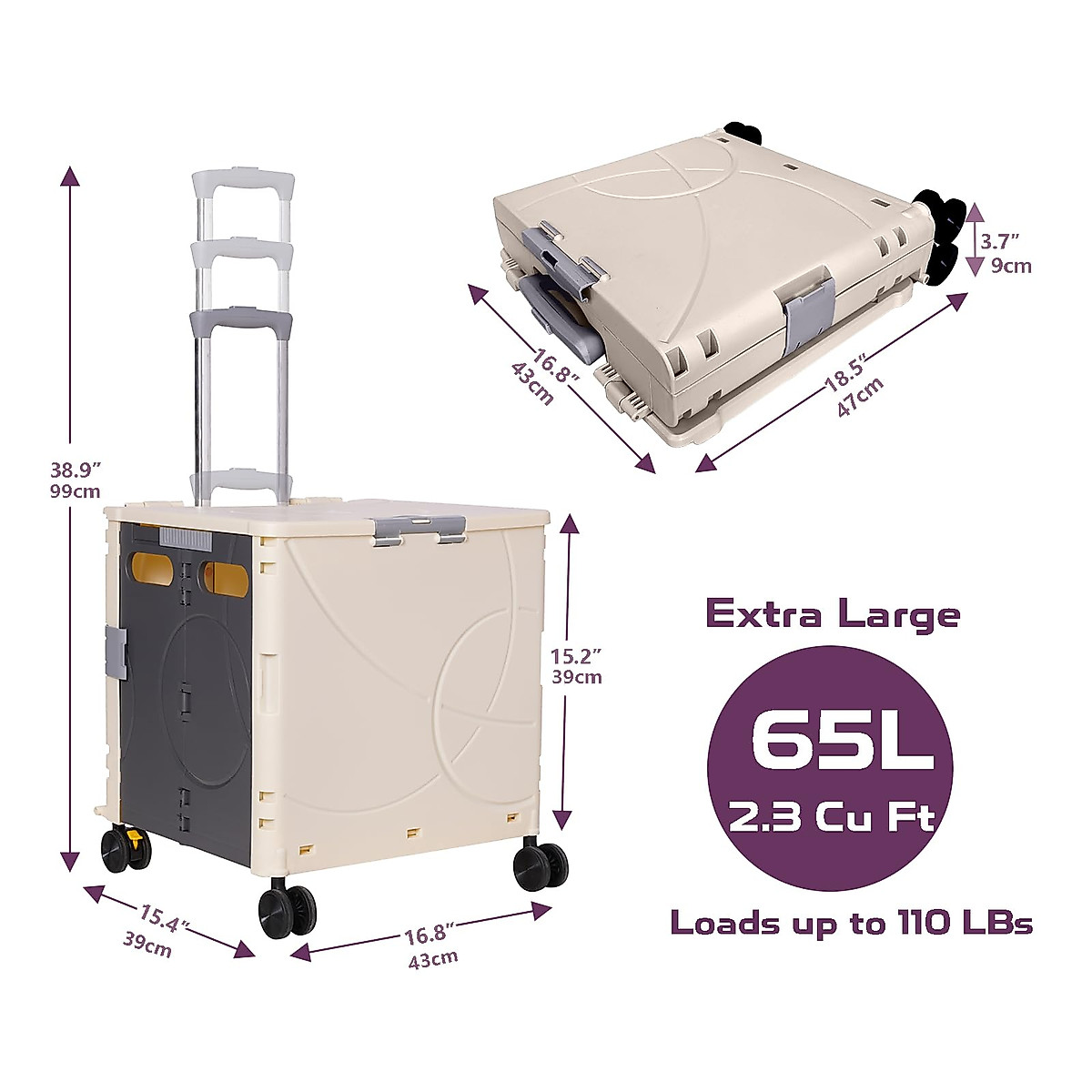 Kutatek Foldable Utility Cart, Collapsible Rolling Crate, 4 Universal Wheels with Two Brakes, Never-Lost Hinged Lid, Telescopic Handle for Home, Grocery, Office, School, Camping use (Beige, 2.3 Cu Ft)