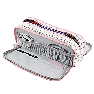 Chelory Big Capacity Pencil Case Large Storage Pencil Bag Pouch Marker 3 Compartment Stationery Pen Cases Holder for Adults Office Organizer Gifts (Plaid White)