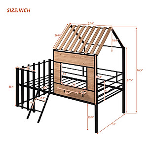 Harper & Bright Designs Kids House Beds Low Loft Bed Frame with Roof, Window, Guardrail and Ladder, Metal Twin Size Loft Bed for Kids Teens Girls Boys (Twin, Black)