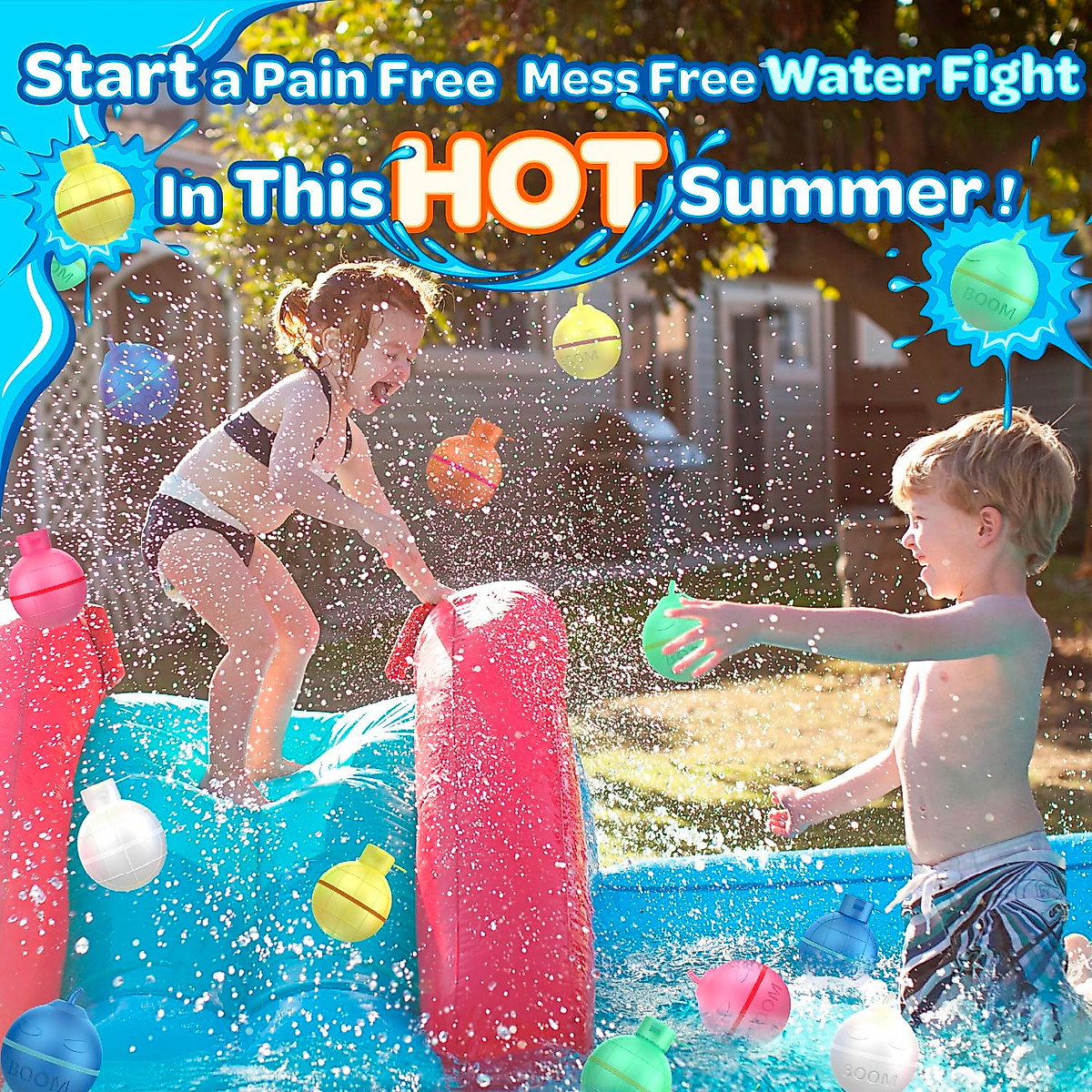 12pcs Reusable Water Balloons for Kids - Silicone Balloon with Magnetic Self Sealing Magnetic Quick and Easy Refill Outdoor Water Bombs - Bulk Pack with Mesh Bag (Bomb & Grenade)