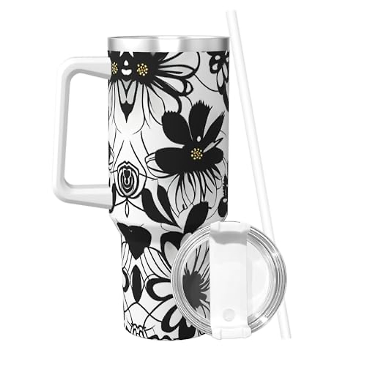HULIBIN Black and White Flowers Print Double Deck Stainless Steel Travel Coffee Cup With Lid 40 Oz Ice Bully Cup