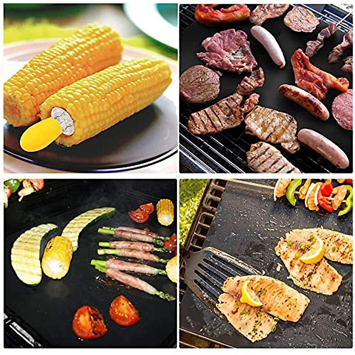 Gyvazla BBQ Grill Mat Set of 5, Non Stick Oven Liner Teflon Barbecue Cooking Mats, Perfect for Baking on Gas, Charcoal, Oven and Electric Grills - Reusable, with Oil Brush