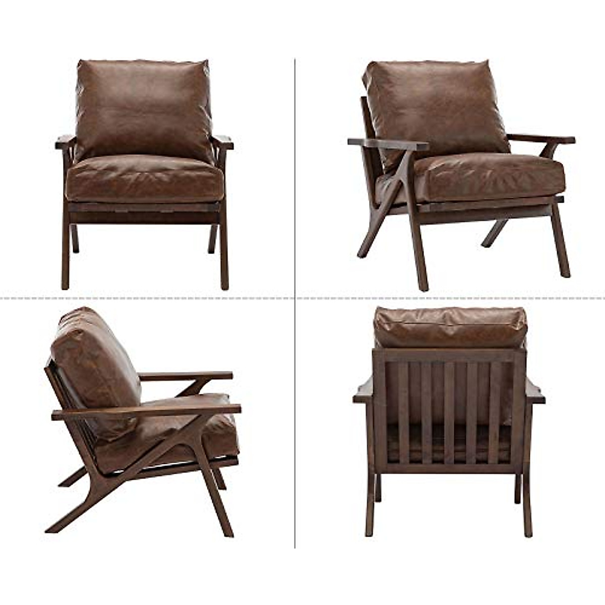 ZHENGHAO Brown PU Leather Accent Chair, Mid Century Retro Armchair Reading Chair for Small Space, Wood Frame Comfy Arm Chair for Living Room Bedroom Fireplace (Brown)