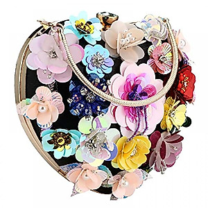 Heart Shape Purse Floral Clutch Purse for Women Mini Vintage Flower Evening Handbag Shoulder Bag (Black)