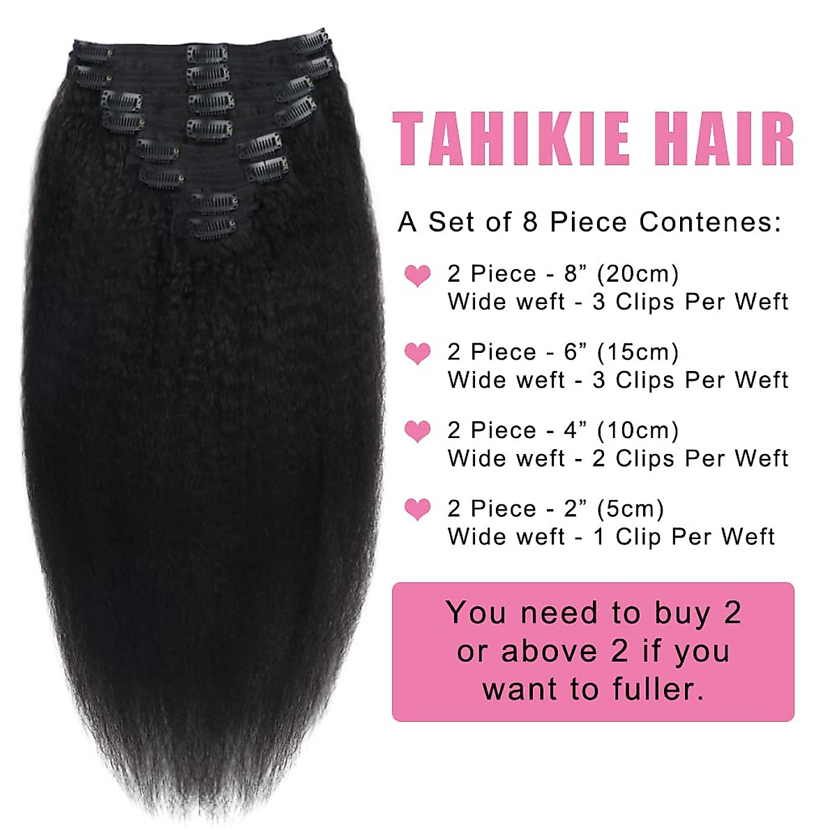 Tahikie Kinky Straight Human Hair Clip in Extensions 120g Full Head Clip ins for Women 100% Unprocessed Brazilian Virgin Human Hair Yaki Straight Clip ins Remy Hair Natural Black 8Pcs 18Clips 16inch