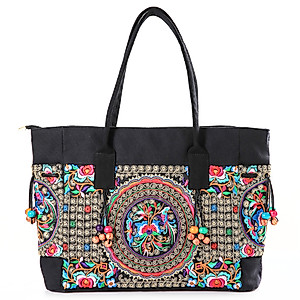 Embroidered Canvas Top Handle Handbag, Ladies Casual Vintage Shoulder Bag Fashion Tassels Handbag (Golden Flower)