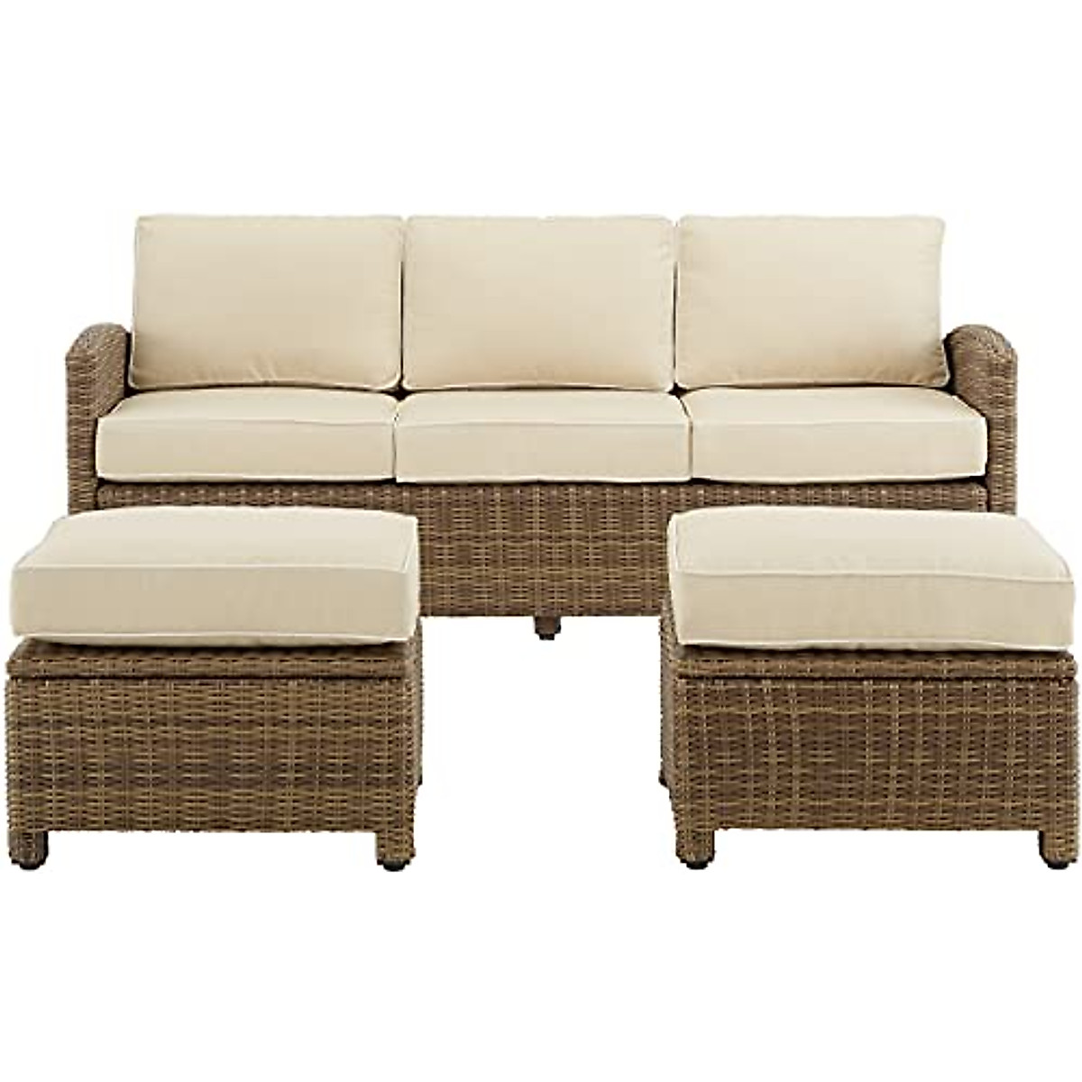 Crosley Furniture Bradenton 3-Piece Outdoor Sofa Patio Furniture Set, Wicker Conversation Sets for Porch, Brown with Sand Cushions