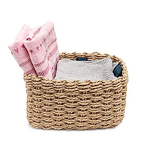 EZOWare Small Woven Paper Rope Storage Baskets, Set of 6 Soft Rectangular Decorative Container Box Bins for Baby, Kids, Closet, Nursery Room, Baskets for Gifts Empty - Beige, 3 Sizes