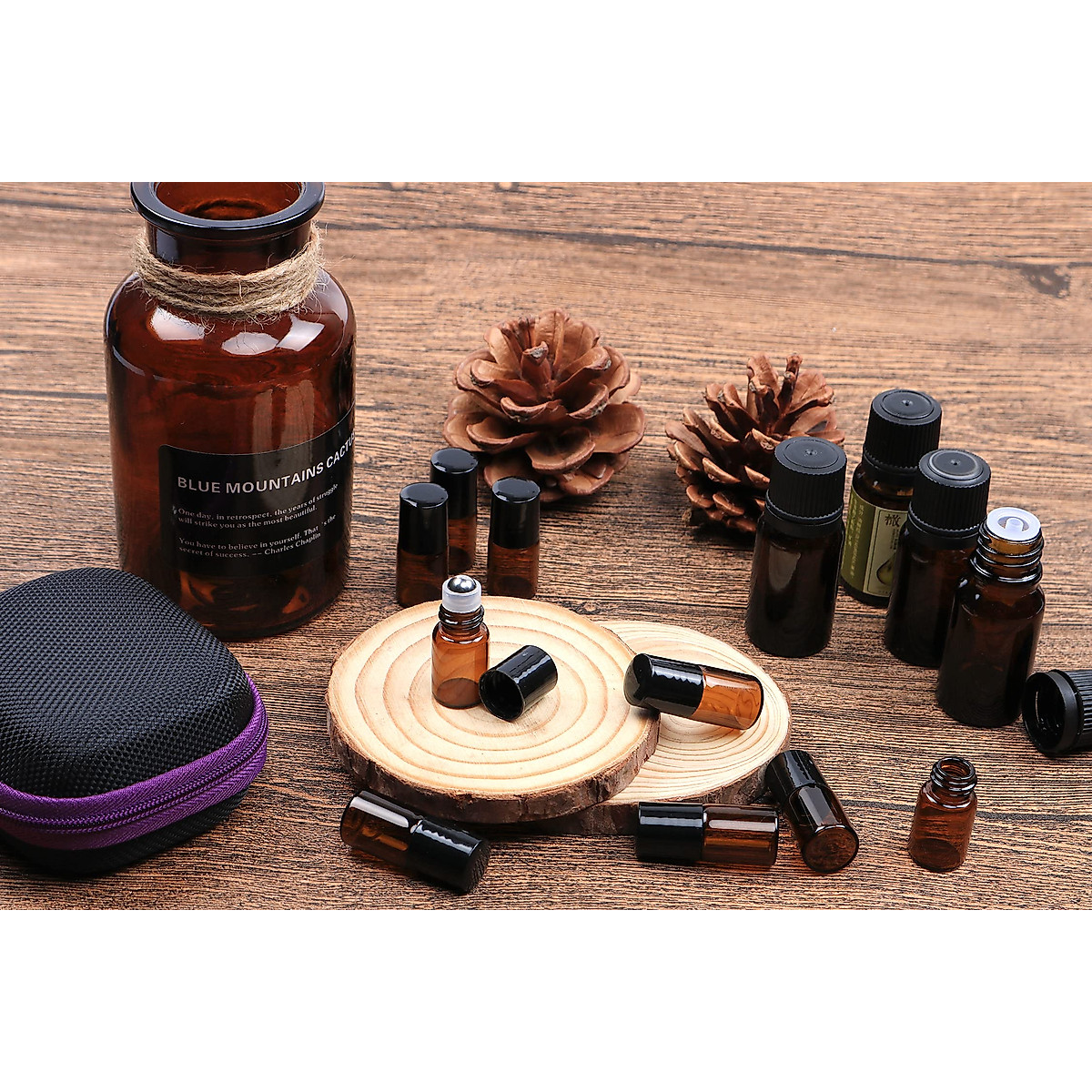 Furnido 25 Pack 2ml Amber Glass Roll on Bottle For Essential Oils,Perfume Vial with Stainless Steel Roller Ball,Black Caps Mini Sample Vials Cosmetics Small Container