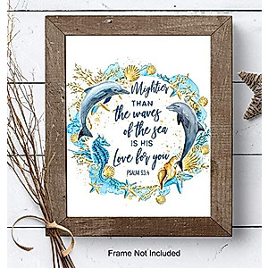 Ocean Dolphins Bible Verse Religious Wall Art - Inspirational Quote Christian Scripture Room Decoration for Bathroom, Bedroom - Nautical Beach House Poster - Mightier Than the Waves Blue Wall Decor