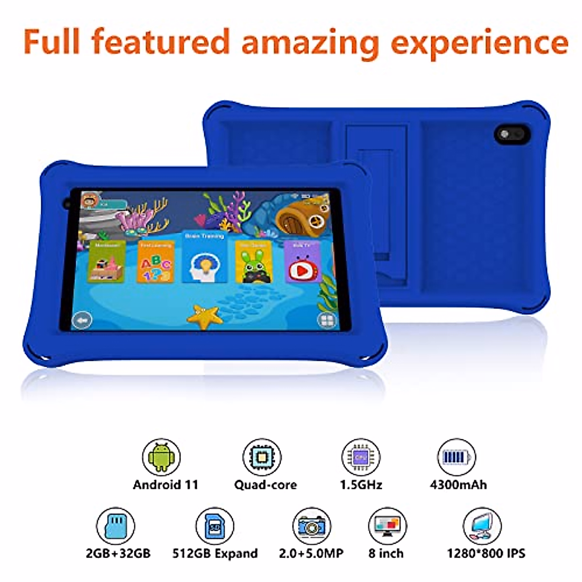 ATOZEE 8 Inch Kids Tablet, Android 11 Toddler Tablet, 32GB ROM+2GB RAM, Quad-core Processor, 1280x800 IPS HD Eye-Care Touchscreen, 8MP Camera Tablets PC with Silicone Case