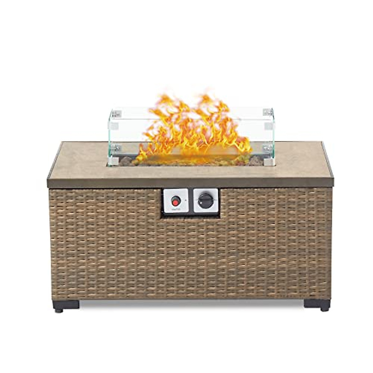 Patio Propane Fire Pit Table - 32 inch Outdoor PE Rattan Rectangle Tan Wicker Gas Fire Table with Ceramic Tile Tabletop, Glass Wind Guard for Outside, Garden, Backyard, Brown