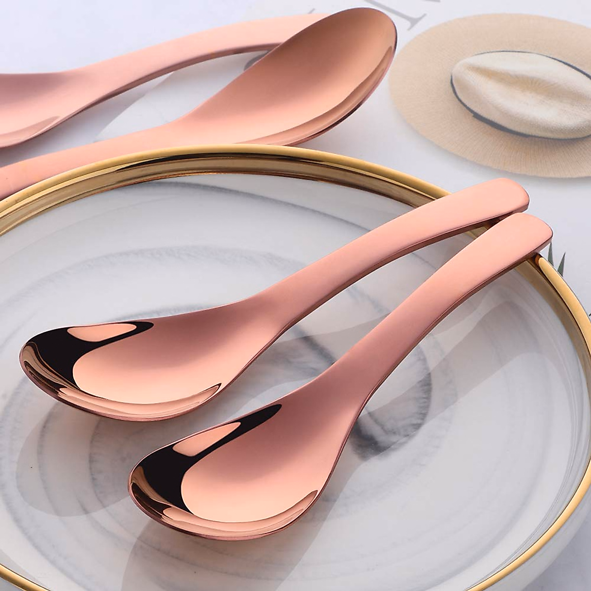 Bisda Thick Heavy Duty Soup Spoons, Set of 4, Stainless Steel Polished Asian Rice Table Spoon,Dishwasher Safe (Rose Gold)
