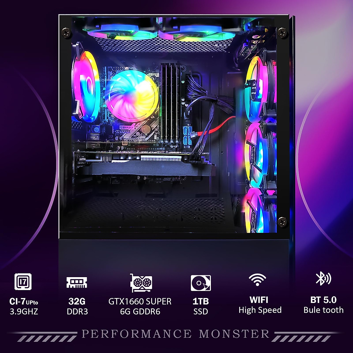 STGAubron Gaming Desktop,Intel Core i7 3.4G up to 3.9G,GeForce GTX 1660 Super 6G GDDR6,32G RAM,1T SSD,WiFi,BT 5.0,RGB Fan x 6,RGB Keyboard&Mouse&Mouse Pad,RGB BT Sound Bar And Gaming Mic,W10H64
