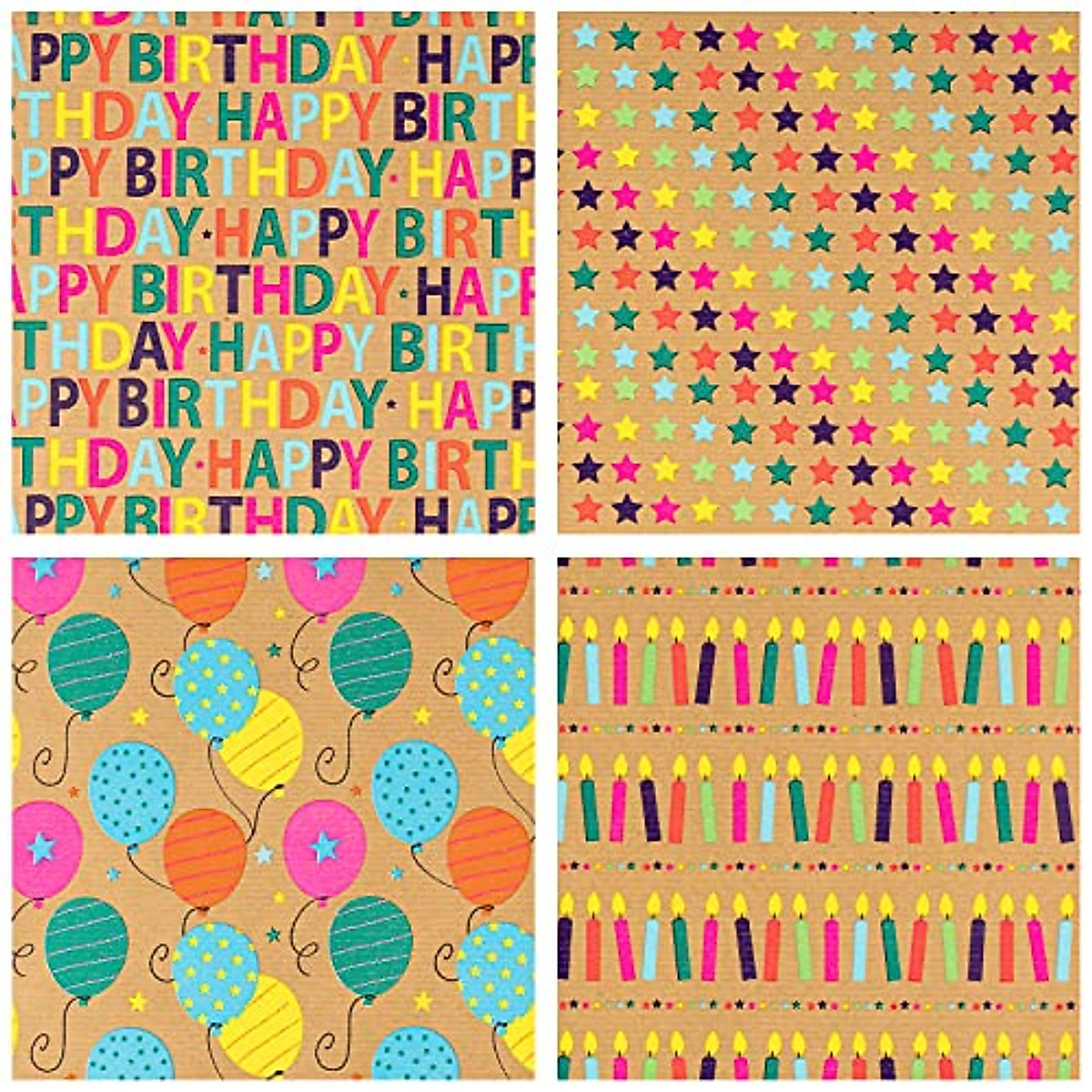 RUSPEPA Wrapping Paper Kraft Paper - Colorful Birthday Text Wrap Design - 4 Rolls - 30 inches x 10 feet per Roll