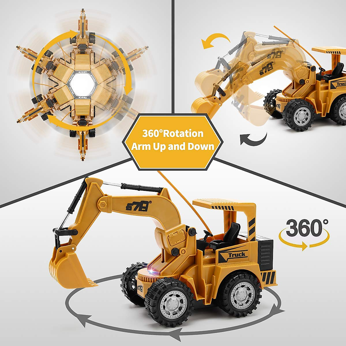 Remote Control Excavator Toy for Beginners - 4WD 5 Channel 1:24 RC Construction Excavator with LED Light, Pretend Construction Playset, Vehicle Toys for Boys Girls, Best Gifts for 3-6 Years Old Kids