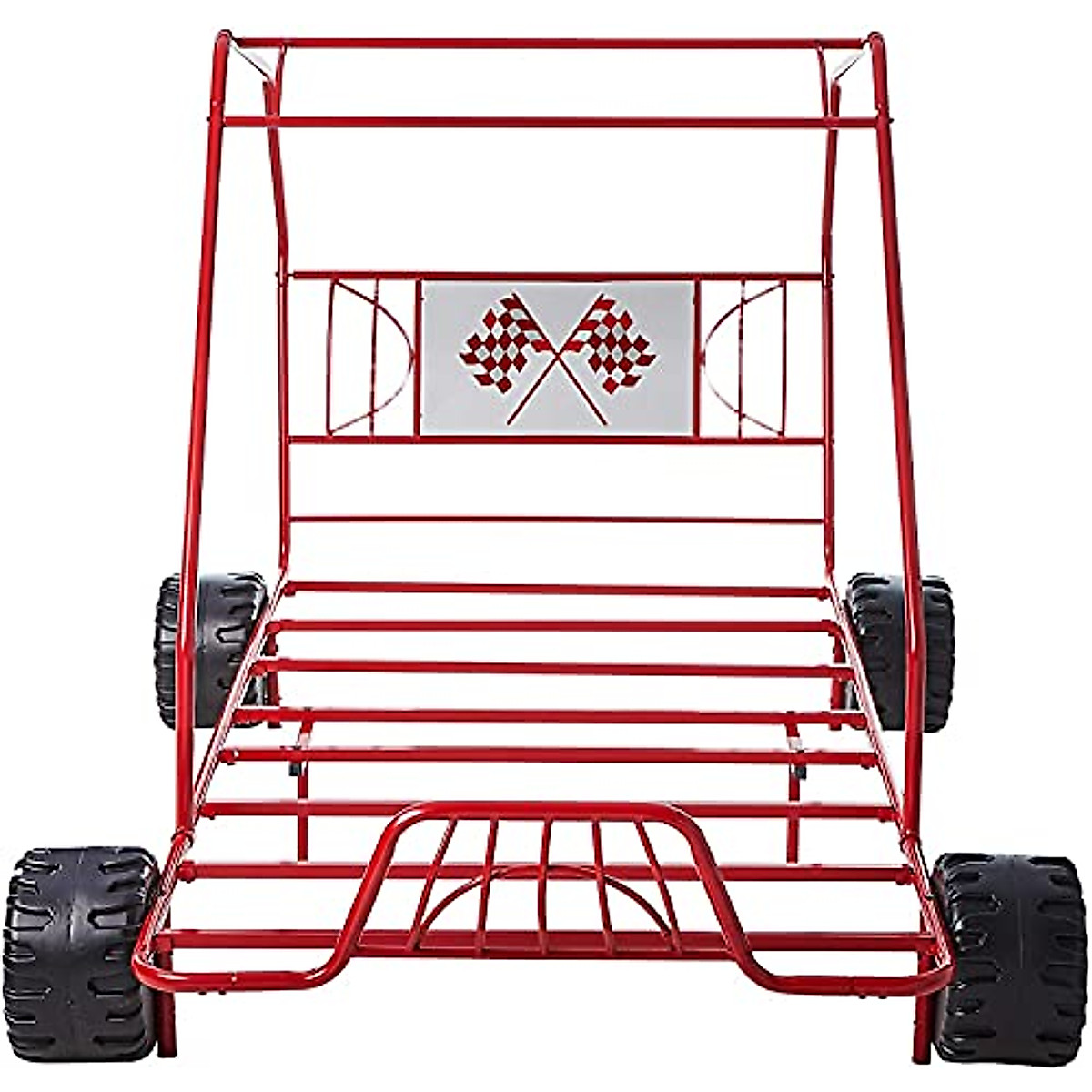 AOCHUANG Metal Twin Car Bed Gunmetal Go Kart Bed, Twin Size Bed Frame with A Racing Flag Decor Headboard/Metal Tube Slat Support/No Box Spring Needed (Red Go Kart)