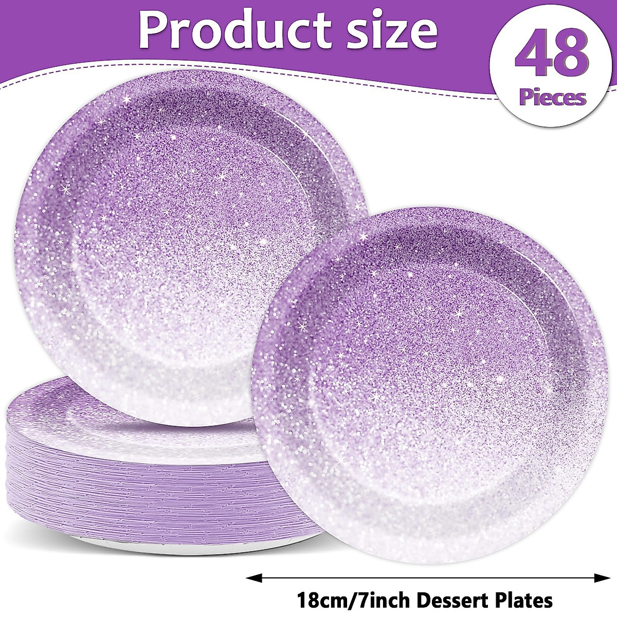 ZOIIWA 48PCS Ombre Purple Party Plates Gradient Pastel Purple Paper Plates Party Decorations Light Purple Sprinkle Dessert Plate Tableware for 48 Guests Women Birthday Wedding Tea Party Supplies