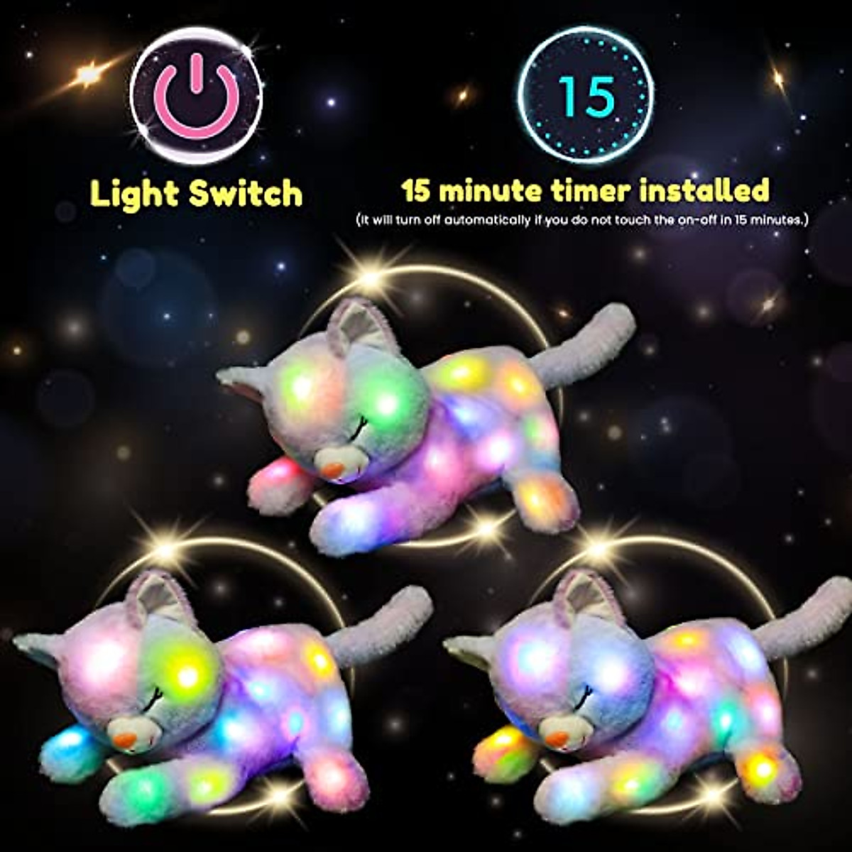 Hopearl LED Plush Cat Light up Stuffed Mommy Cat with 3 Baby Kittens in her Tummy Stuffed Animal Playset Night Lights Glow in The Dark for Mom Kids Toddler Girls, Rainbow, 18''