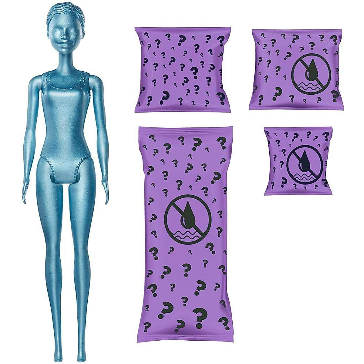 Barbie Color Reveal Doll with 7 Surprises: 4 Mystery Bags Contain Surprise Wig, Skirt, Shoes & Sponge; Water Reveals Metallic Blue Doll’s Look & Creates Color Change on Face & Wig