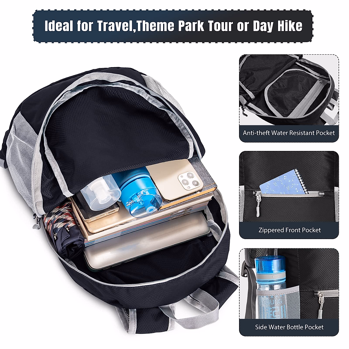 ZOMAKE Ultra Lightweight Hiking Backpack 20L - Water Resistant Small Backpack Packable Daypack for Women Men(Black)