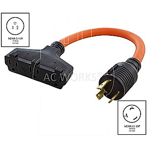 AC WORKS L5-30 30Amp 3-Prong Locking Generator Distribution Cord (1.5FT L5-30 to Tri-Household Flexible)