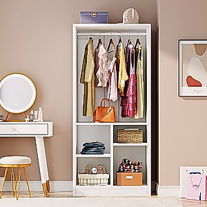 Tribesigns Wardrobe Closet, White Wood Armoire Wardrobe Closet with Open Storage Shelves and Hanging Rod, Freestanding Wardrobe Cabinet for Bedroom (1 PCS)