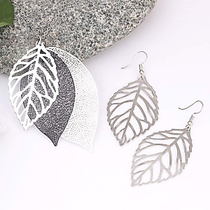NVENF Leaves Earrings and Long Necklaces Set Multi Tiered Leaf Pendant Necklace Fashion Statement Earrings Metal Sparkling Modern Jewelry Sets (C Silver & Black)