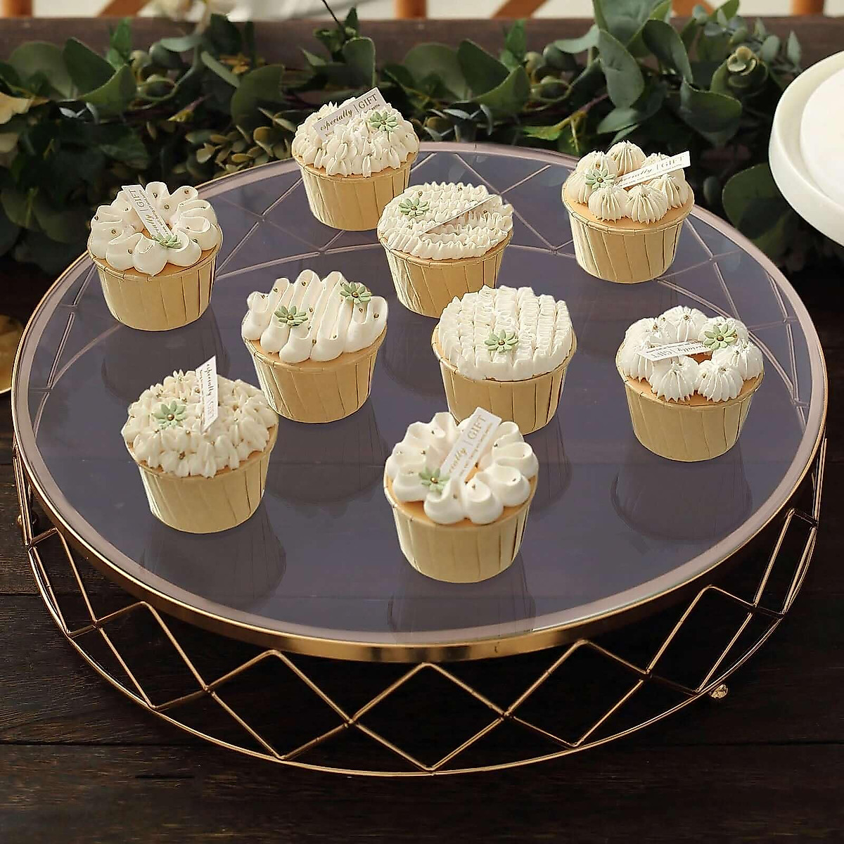 Efavormart 16" Round Metal Geometric Cake Stand Cake Riser with Glass Top Glossy Metallic Finish for Dessert Cupcake Pastry Candy Display Plate Event, Birthday Party