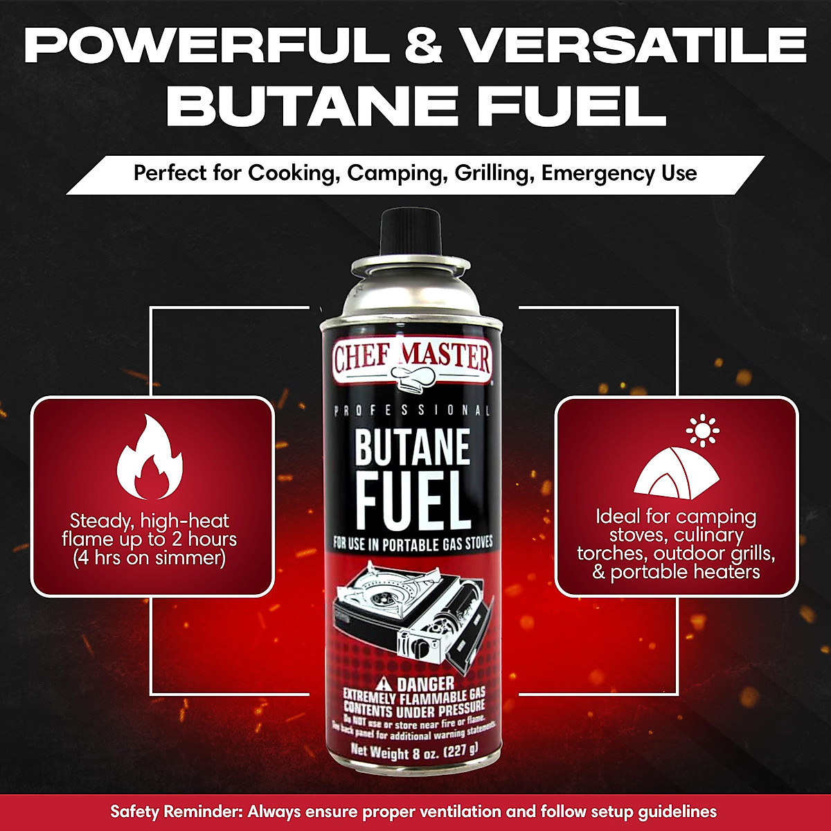 Chef Master 90340 | Pack of 4 Butane Fuel Cylinders| 8oz Butane Canisters for Portable Stove | Butane Torch Replacement Canisters