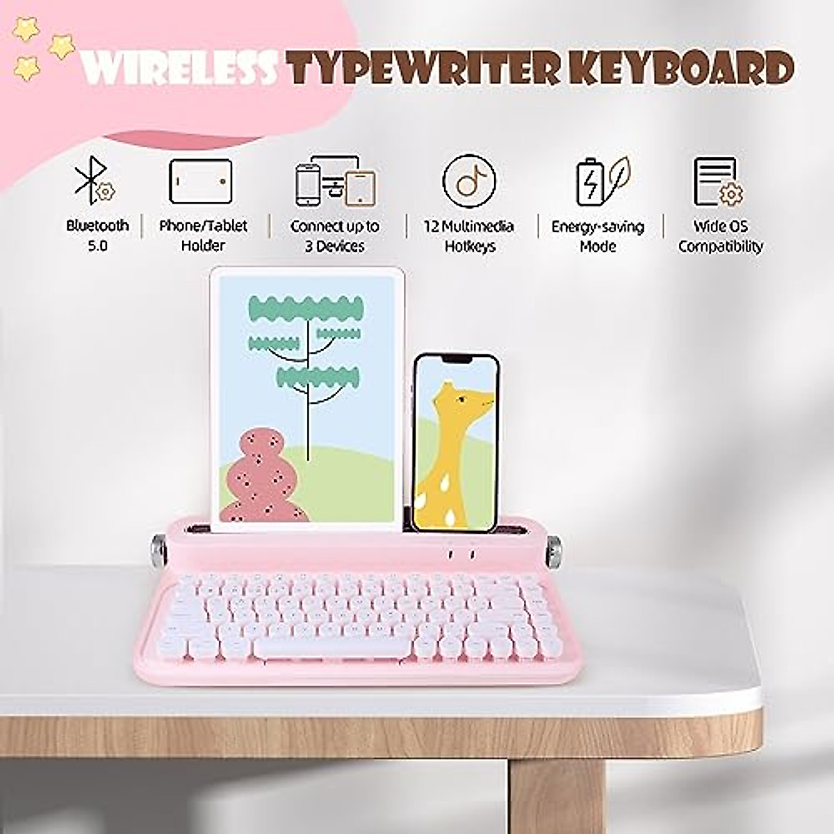 PolaTab ACTTO Retro Bluetooth Wireless Keyboard, 84 Keys Typewriter Style Keyboard with Built-in Stand for iPad, Tablet, iPhone, Smart Phone, PC, Connect up to 3 Devices (B305, Baby Pink)