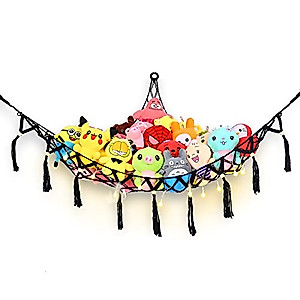 KoHuiJoo Stuffed Animal Net Hammock Macrame Boho Plush Toy Net Hammock for Stuffed Animals with Lights Stuffed Animals Corner Hanging Stuffed Animal Storage Net for Kids Bedroom Black
