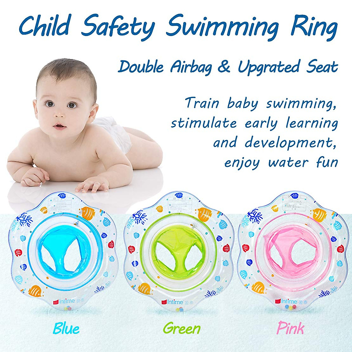 Baby Swimming Ring Floats with Safety Seat Double Airbag Swim Rings for Babies Kids Swimming Float Baby Floats for Pool Swim Training Aid Kids PVC Pool Floats for Toddlers of 6-12 Months