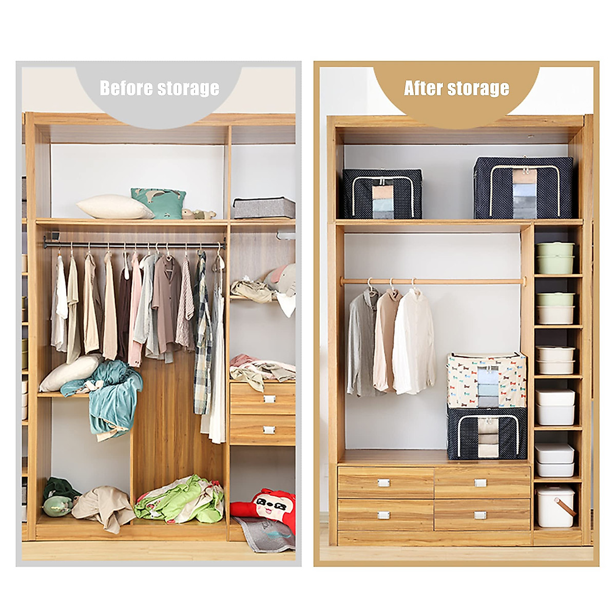 2-Pack Clothes Storage Container Set - Jmount 100L x 2 Closet Organizer Boxes With Steel Frame, Foldable Large Blanket Bins, Thick Oxford Fabric, Waterproof, Clear Window, Reinforced Handle, Zipper