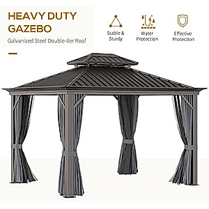 Outsunny 10' x 12' Hardtop Gazebo Canopy with Galvanized Steel Double Roof, Aluminum Frame, Permanent Pavilion Outdoor Gazebo with Netting and Curtains for Patio, Garden, Backyard, Deck, Lawn, Gray