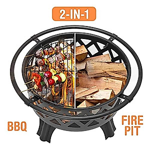 JAHH 30inch BBQ Grill Fire Pits Outdoor Wood Burning Fire Pit Stove Garden Patio Wood Log Barbecue Grill Net Set Cooking Tools
