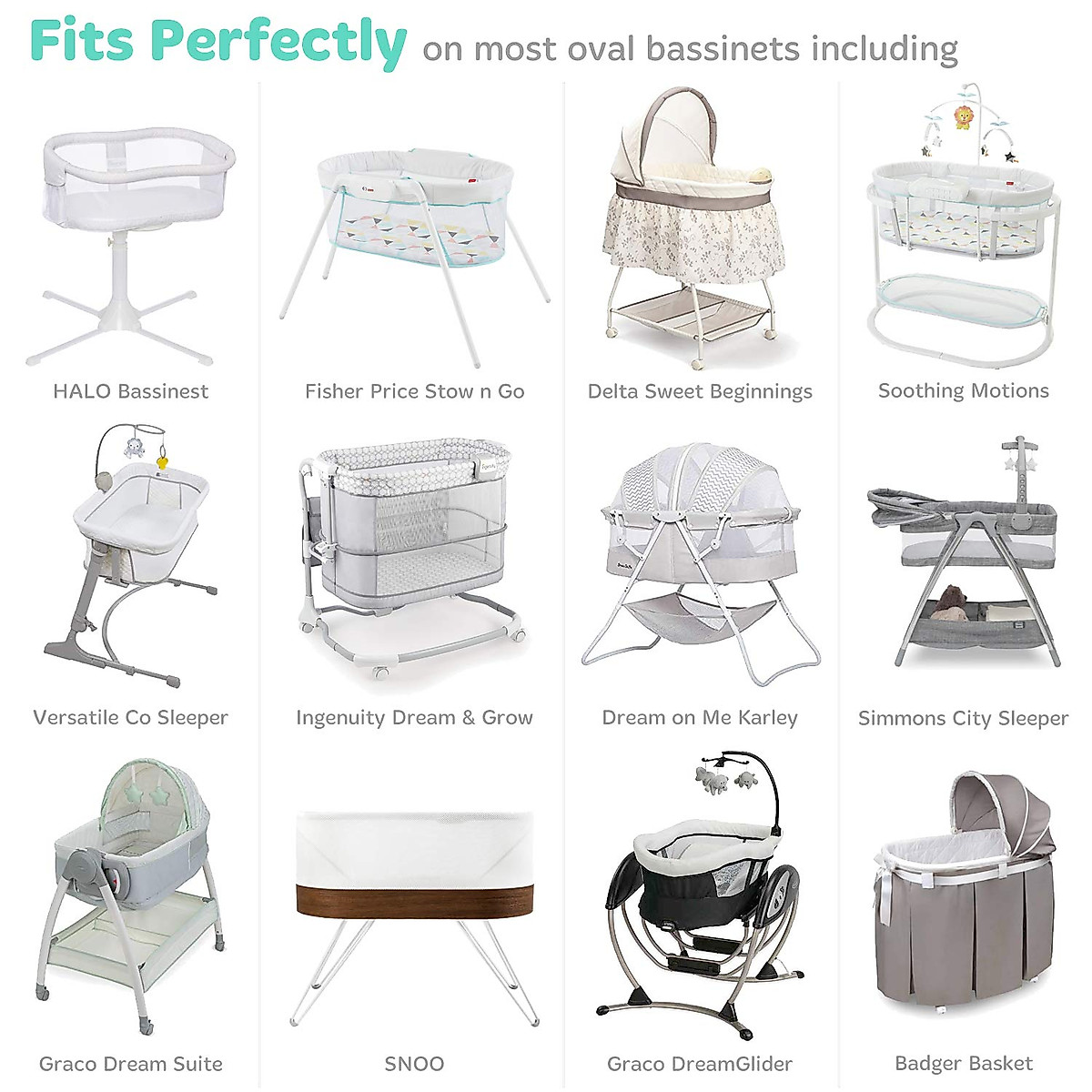 Bassinet Fitted Sheets Compatible with Halo, Fisher Price, Delta, Graco – Fits Perfectly on 15 x 33 Inch Oval, Rectangular Mattress Pad – Snuggly Soft Jersey Cotton – Grey Dots, Chevron – 2 Pack