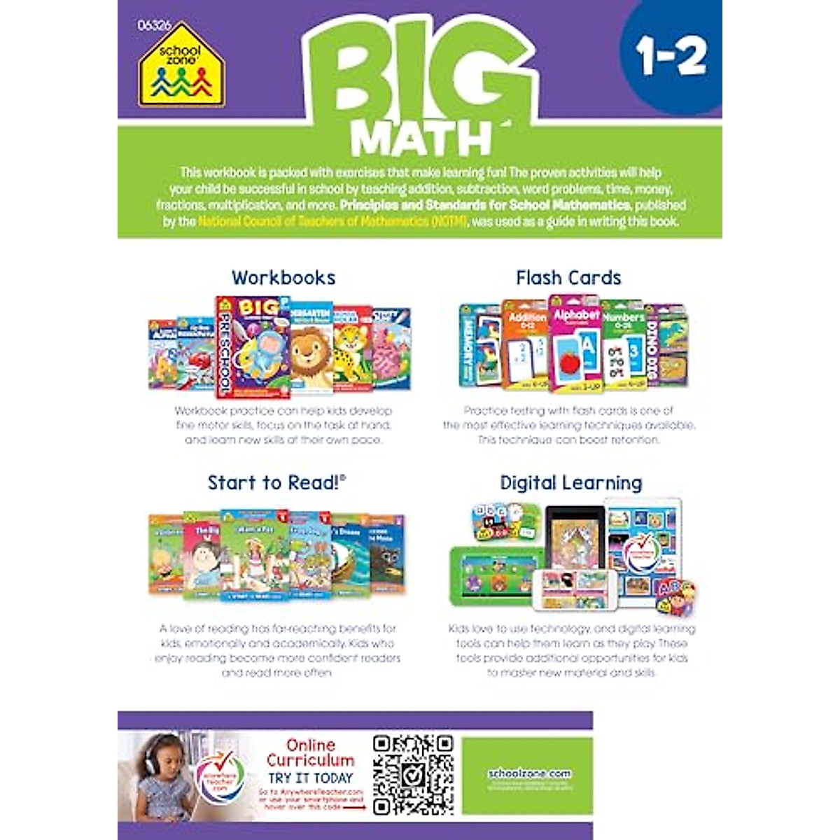 School Zone - Big Math 1-2 Workbook - 320 Pages, Ages 6 to 8, 1st Grade, 2nd Grade, Addition, Subtraction, Word Problems, Time, Money, Fractions, and More (School Zone Big Workbook Series)