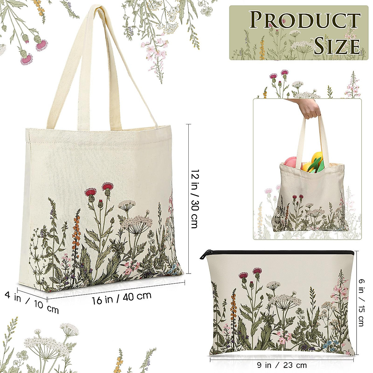 Sadnyy 2 Pcs Canvas Tote Bags Cute Aesthetic Floral Makeup Bags with Metal Zipper for Women Teacher Christmas Gift Shopping (Wildflower)
