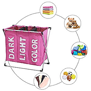 Large Collapsible Laundry Hamper Sorter with 3 Sections, Waterproof Laundry Basket with Aluminum X-Frame & Mesh Bundle Pocket for Bathroom Bedroom Home Storage (Pink)