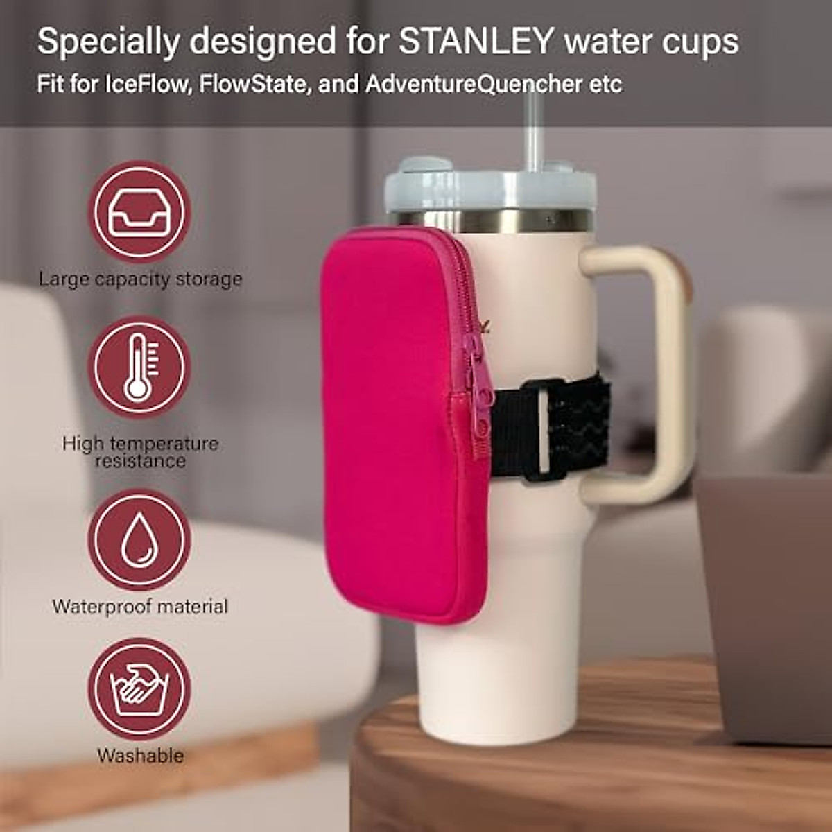 Water Bottle Pouch for Stanley, Water Bottle Accessories, Stanley Fanny Pack, Stanley Tumbler Accessories, Stanley Cup Pouch, Gym Accessories for Women, Stanley 40oz Accessories - Hot Pink