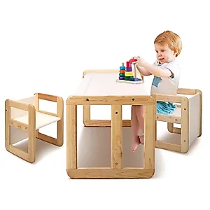 wingyz Kids Table and Chair Set, 3 in 1 Wooden Activity Table for Toddlers Play Study Dining Drawing Arts Crafts, Multi-Purpose Montessori Childrens Table and Chair Set Gifts for Boys and Girls