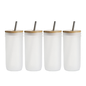 PYD Life Sublimation Glass Blanks Mason Jar Tumblers Cans Frosted 24 OZ with Bamboo Lid and Stainless Steel Straw,Wide Mouth Tumbler Cups Jar for Tumbler Heat Press 4 Pack