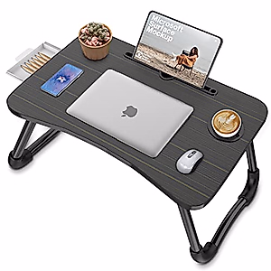 Zapuno Foldable Laptop Bed Table Multi-Function Lap Bed Tray Table with Storage Drawer and Water Bottle Holder, Serving Tray Dining Table with Slot for Eating, Working on Bed/Couch/Sofa (Arc Shape)