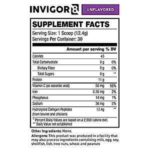 INVIGOR8 Collagen Peptides Weight Loss Formula Hydrolyzed Collagen Types I, II, & III + Vitamin C Unflavored Non-GMO Grass-Fed Supplement Blend