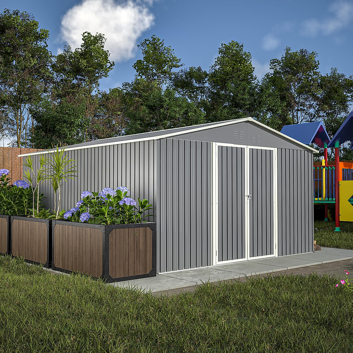 11' x 13' Outdoor Metal Storage Shed with Floor Frame Base, Galvanized Steel Garden Shed with 4 Vents, Tool Storage Shed for Backyard, Patio, Lawn