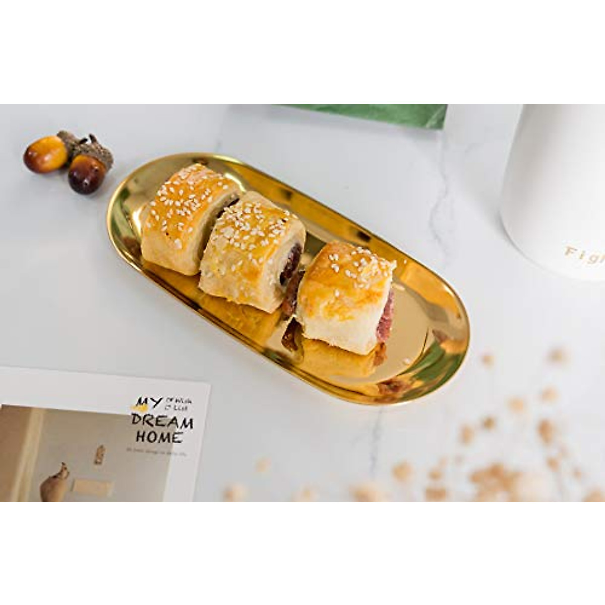 2 Pcs Stainless Steel Towel Tray Dish Plate Storage Tray Tea Tray Fruit Trays Cosmetics Jewelry Organizer, Oval , Gold